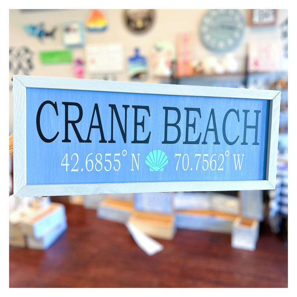 Crane Beach Coordinates Framed 20"x8" Sign – Hammer & Stain North Shore